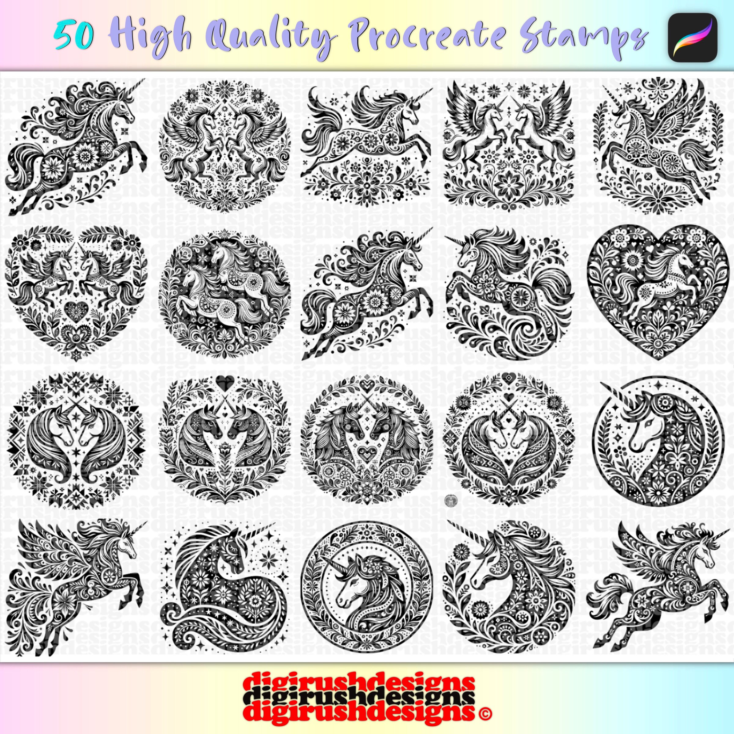 50 Unicorn Folk Art Procreate Stamps: Mythical Creatures (digital ...