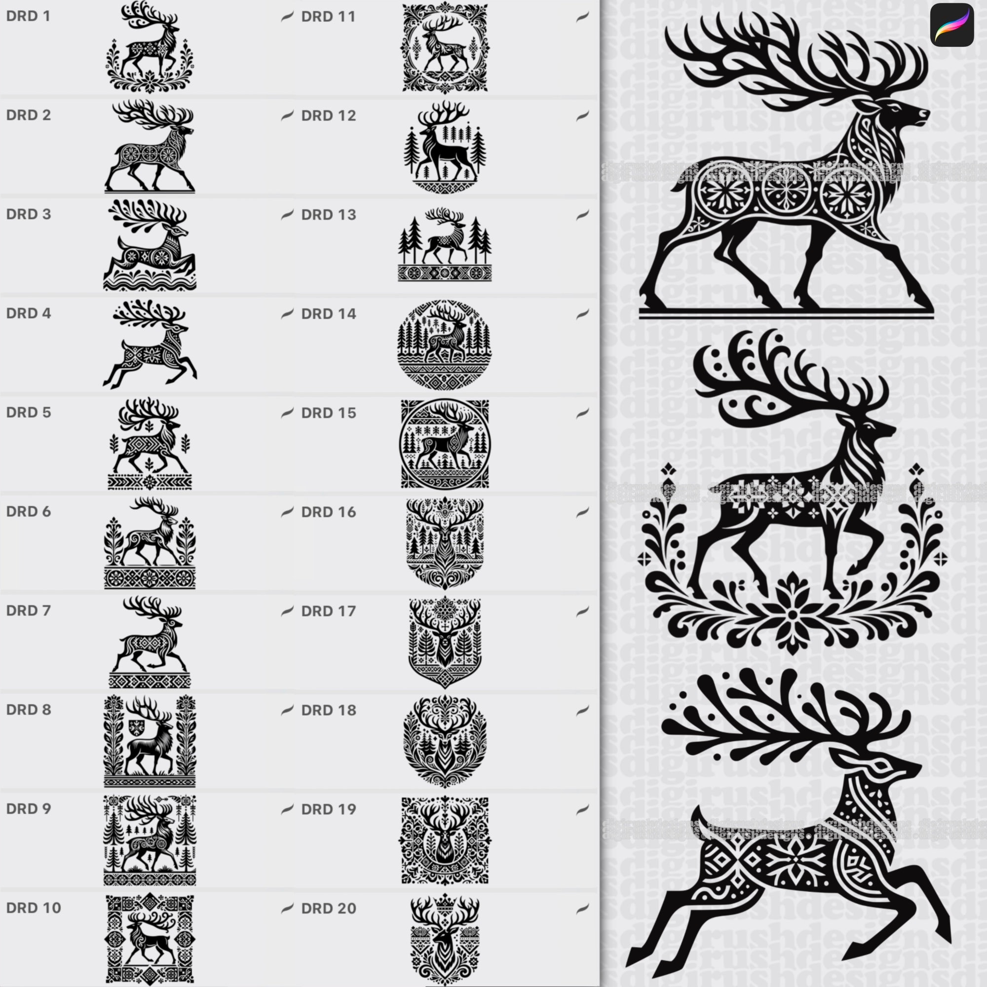 Stag Folk Art Procreate Stamps Scandinavian Stags Brushes Nordic Animal ...