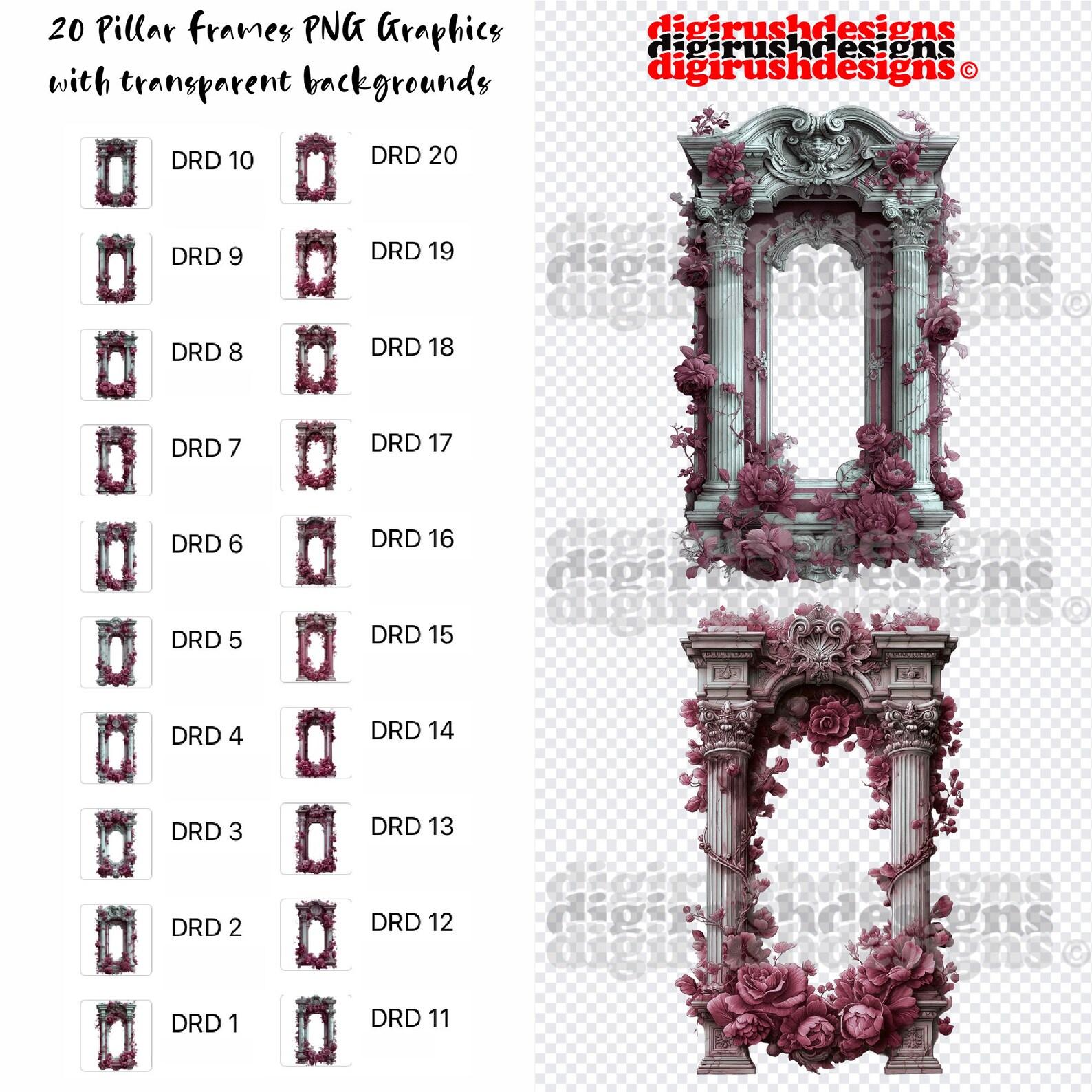 20 Burgundy Floral Pillar Frames Clipart: Baroque Wedding Invitation ...