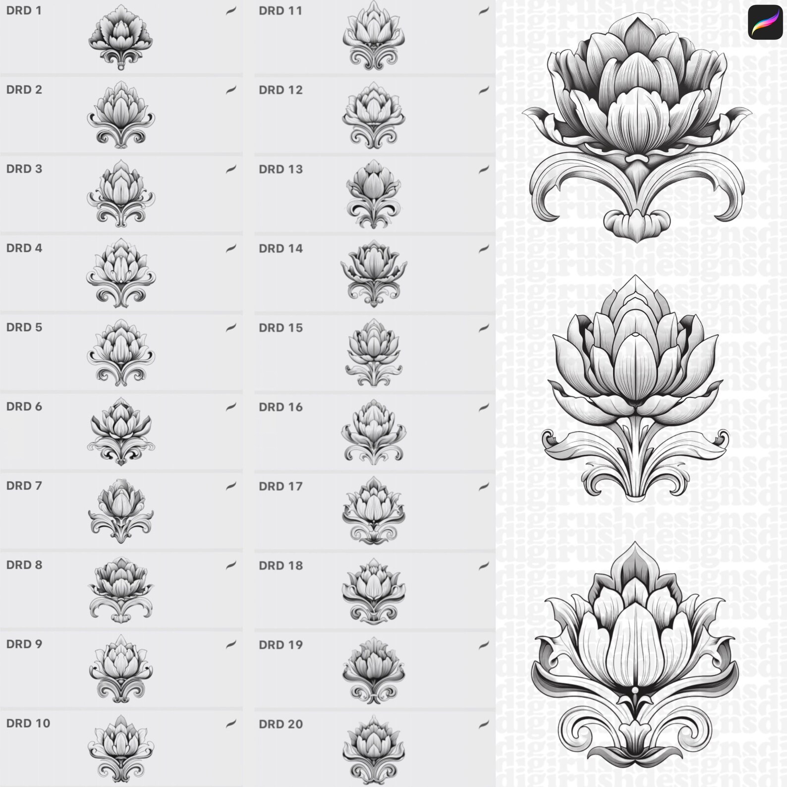 Procreate Baroque Flower Stamps, Lotus Flower Brush, Renaissance ...