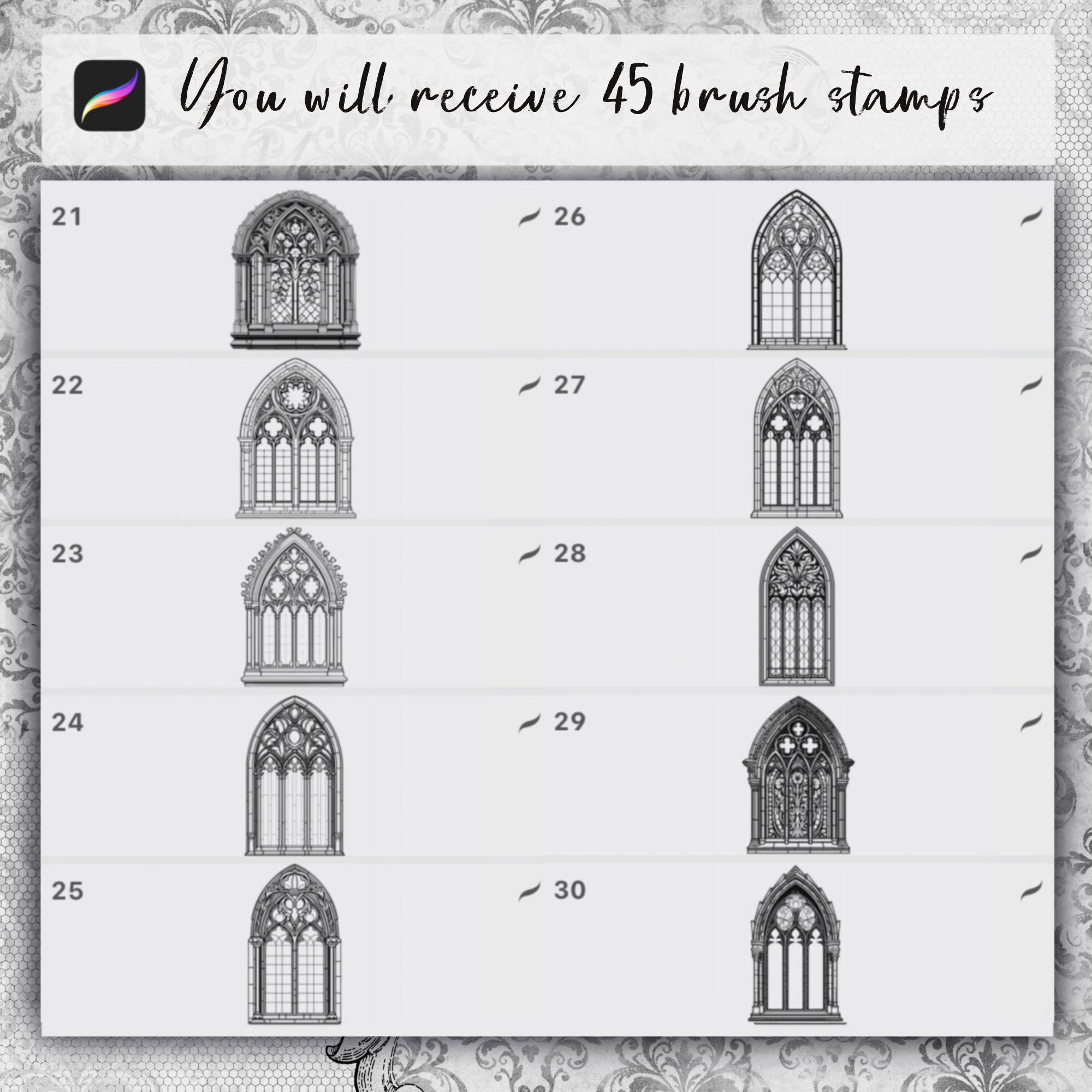 Procreate Gothic Windows Stamps Neo Gothic Buildings Brushes Floral ...
