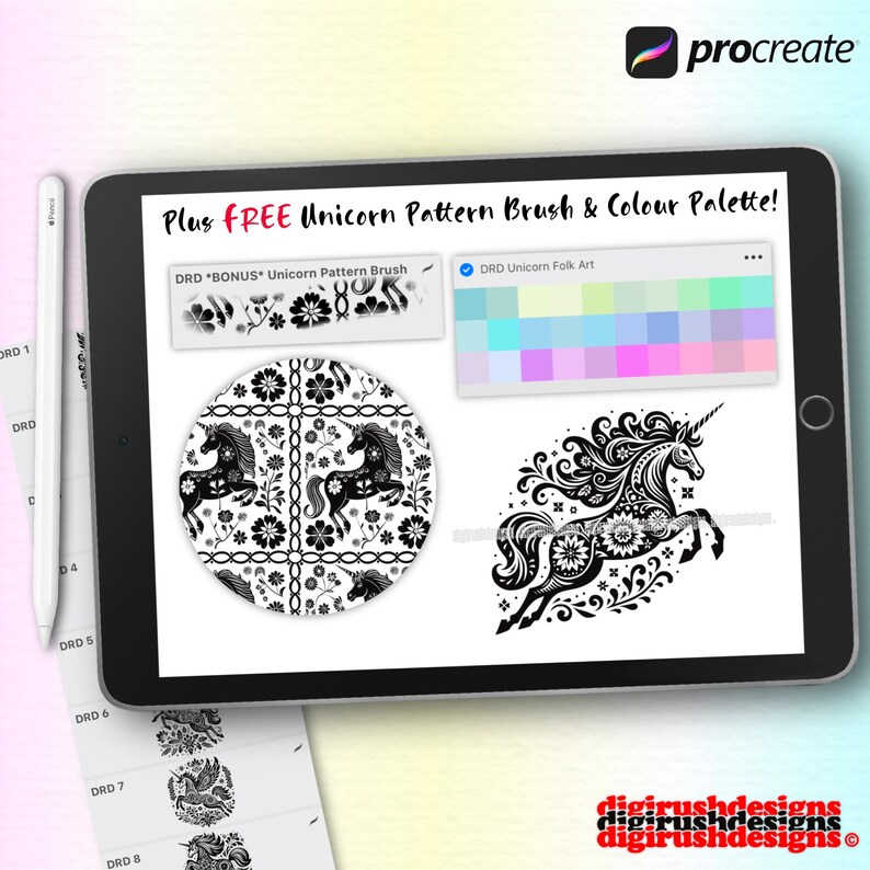 Unicorn Procreate Stamps, Folk Art Unicorns Silhouette, Digital ...