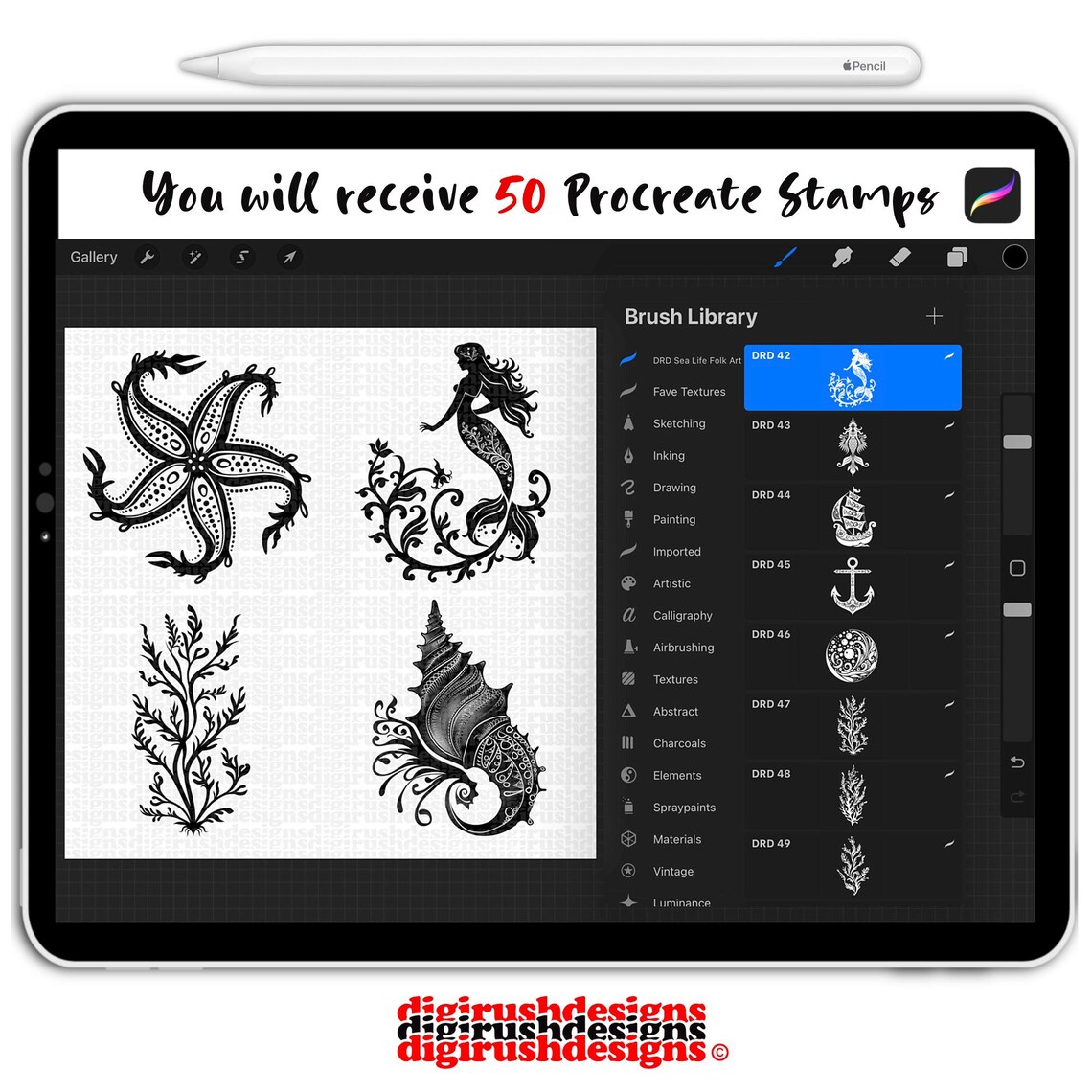 50 Scandinavian Folk Art Sea Life Procreate Stamps: Nordic Marine Life ...