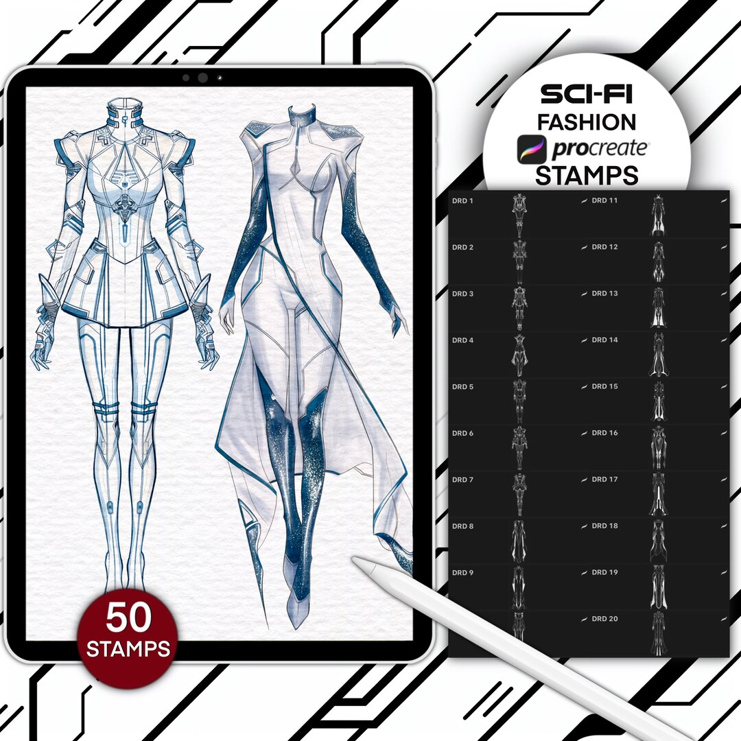 50 Sci-fi Fashion Procreate Stamps: Futuristic Clothing (digital Brush ...