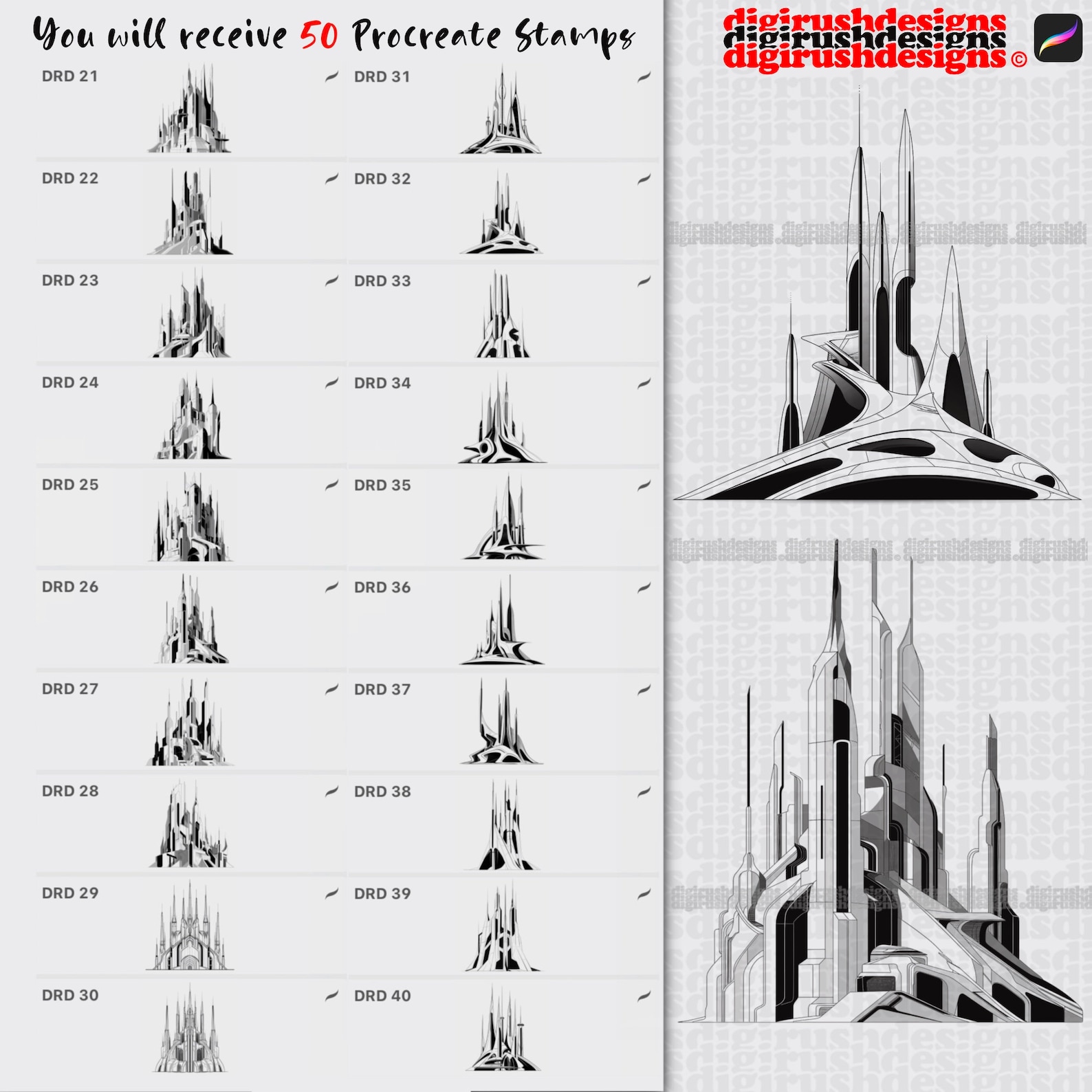 50 Sci-fi Architecture Procreate Stamps: Futuristic Cyberpunk Cityscape ...