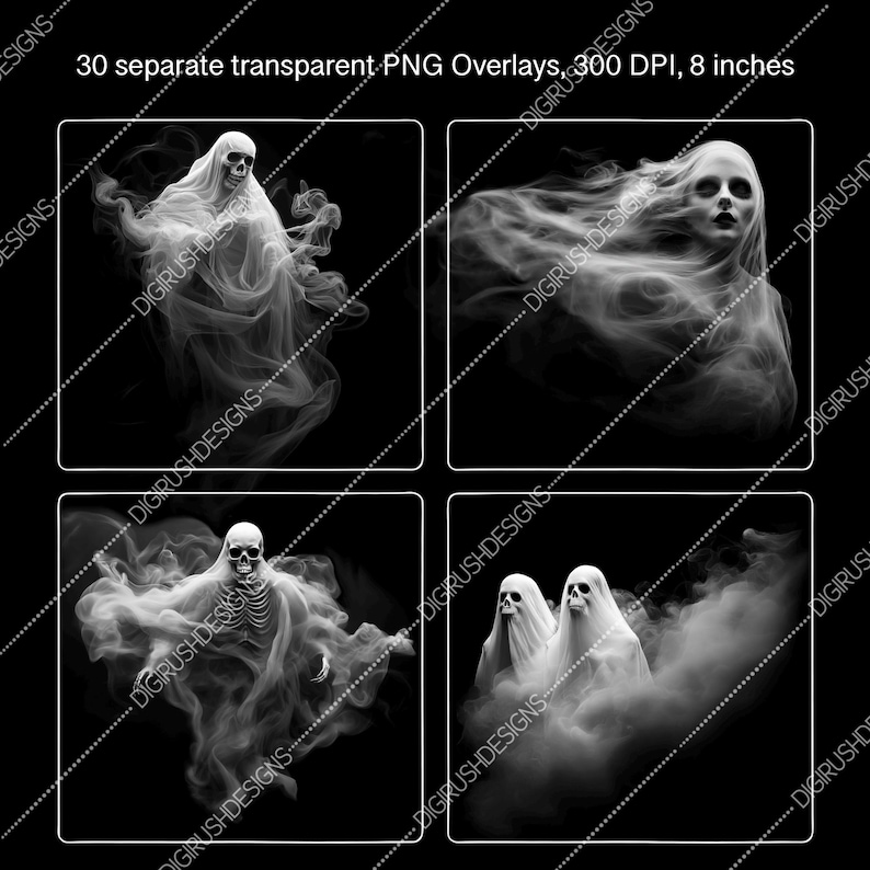 30 Spooky Ghost Clipart Overlays: Halloween Horror PNG Bundle (digital ...