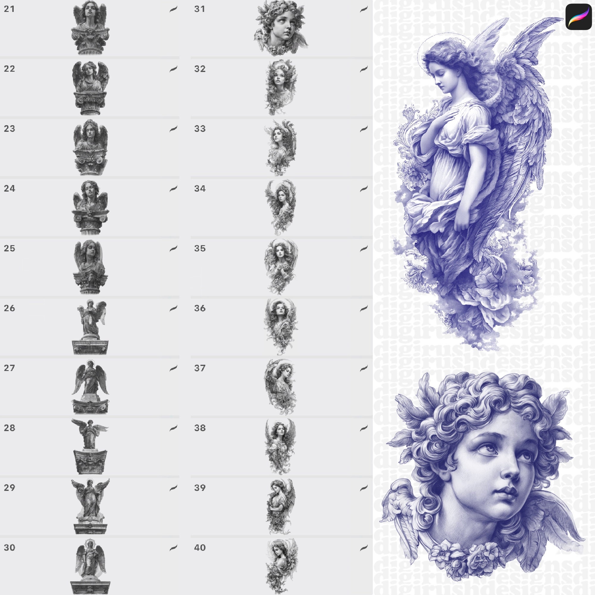 50 Baroque Angels Procreate Stamps - Highly Detailed Angel Sculptures ...