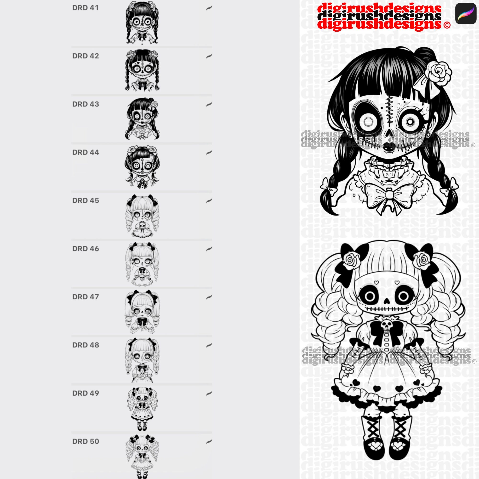 Procreate Chibi Girls Stamps Creepy Kawaii Digital Brushes Pastel Goth ...