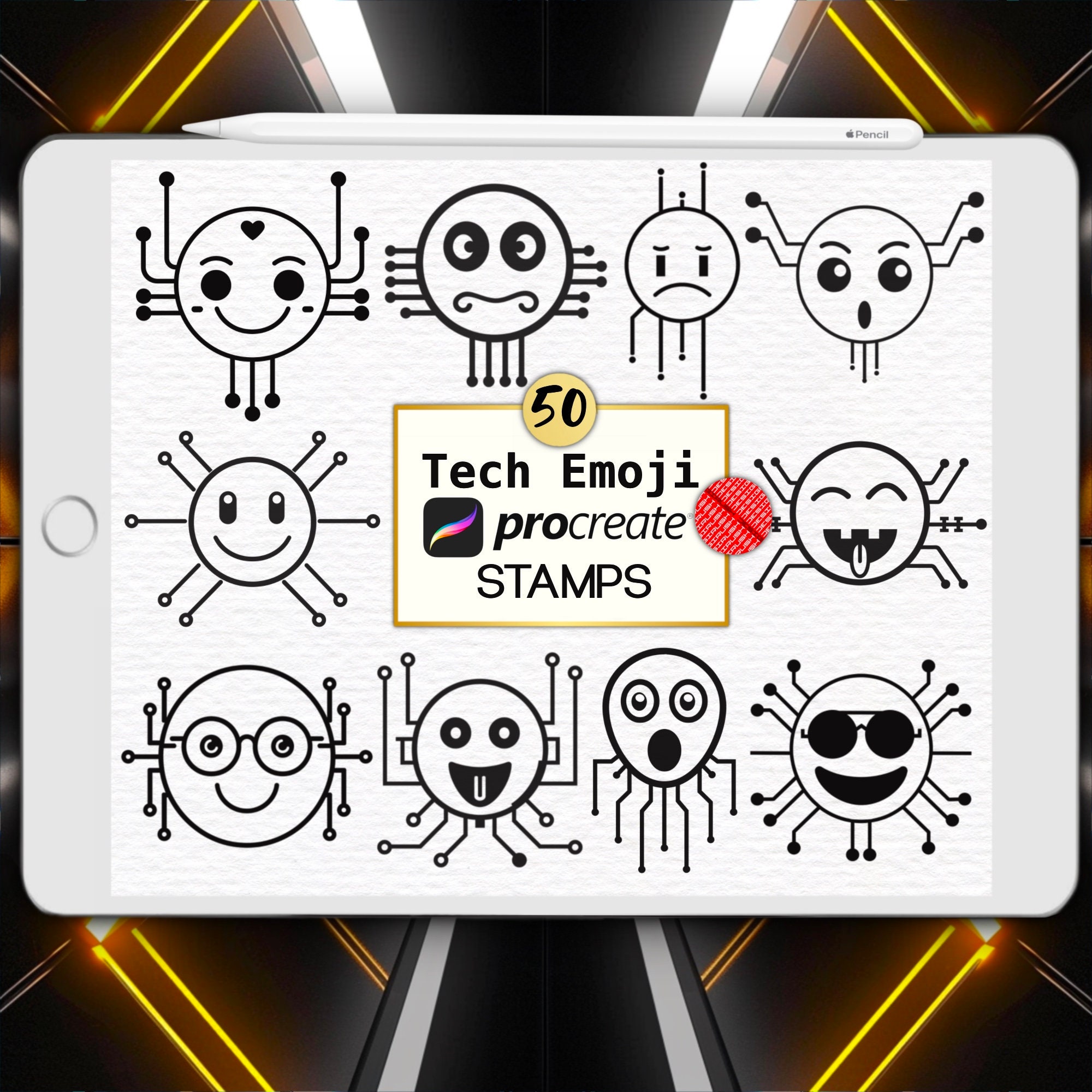 Sci Fi Tech Emoji Stamps Futuristic Circuit Board Style Smileys ...
