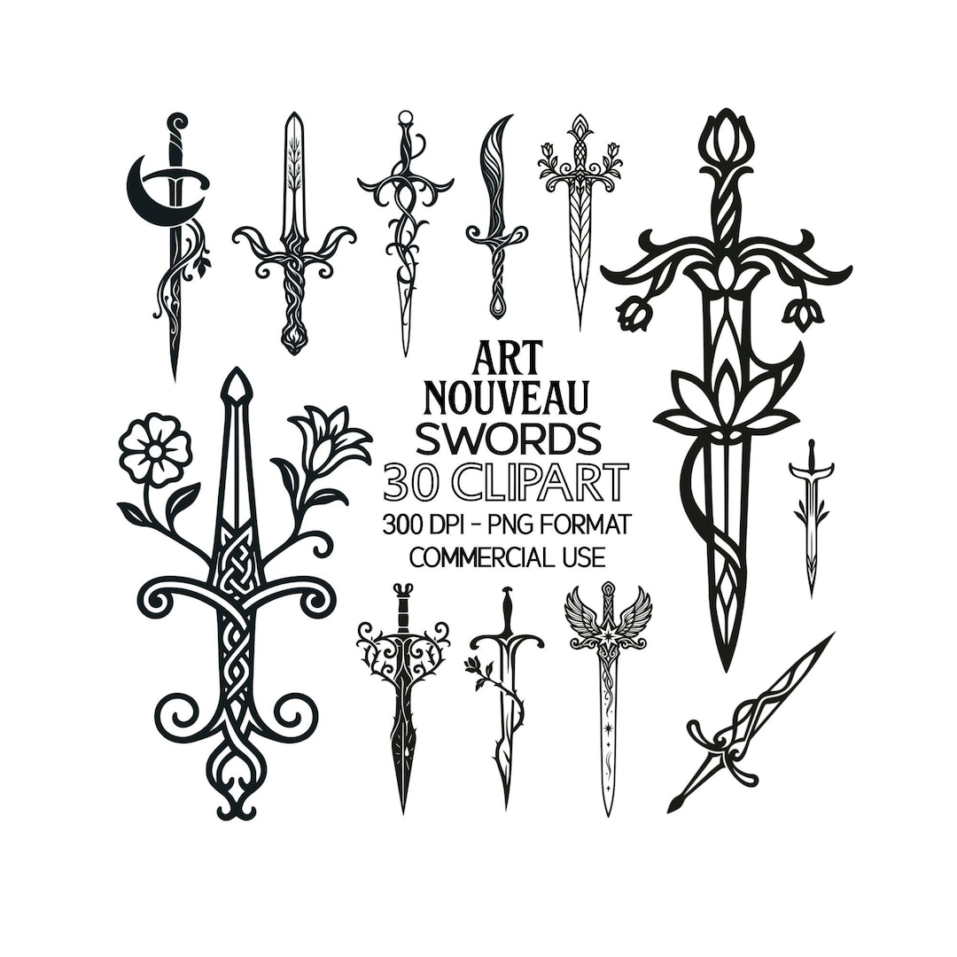 Art Nouveau Swords Clipart PNG, Gothic Fantasy Daggers, Medieval Line ...