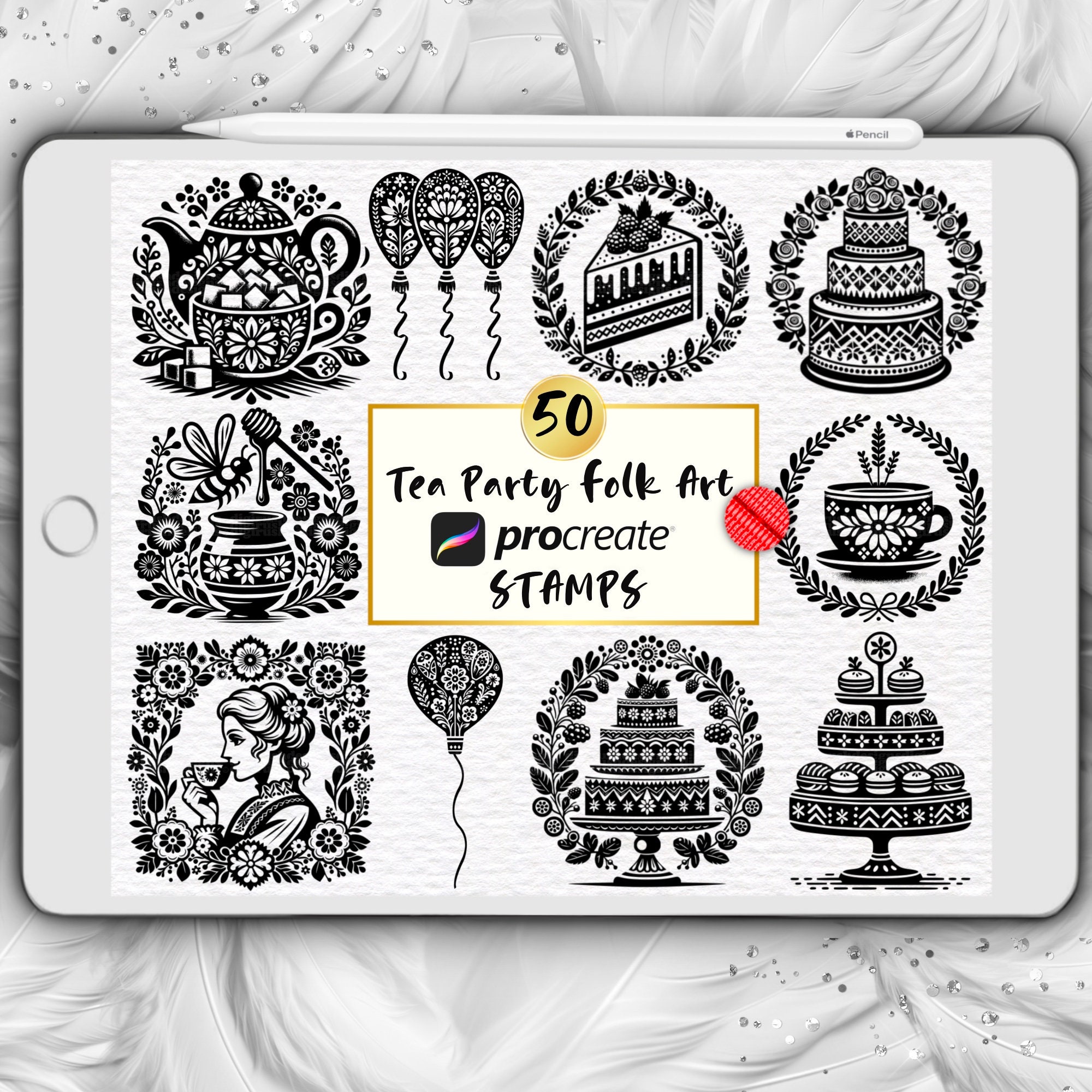 Tea Party Folk Art Procreate Stamps Scandinavian Folk Art Birthday Cake Nordic Afternoon Tea ...