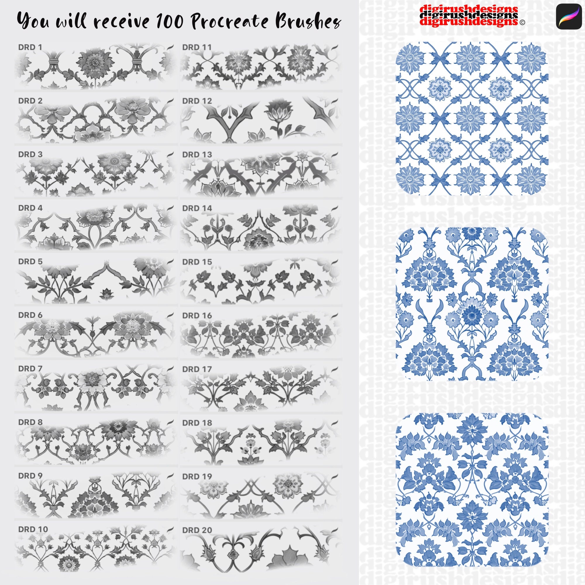 Persian Floral Pattern Procreate Brushes, Seamless Flowers Procreate ...