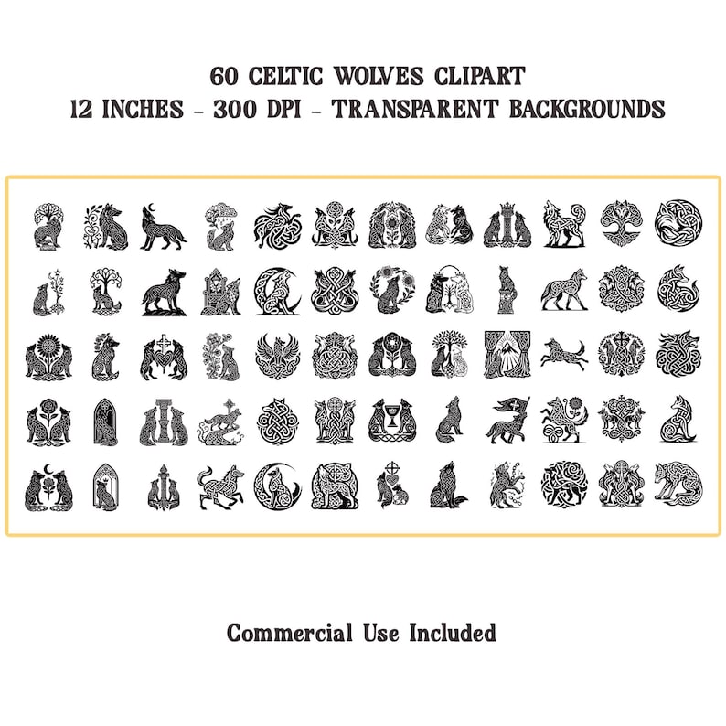 60 Celtic Wolf Clipart Bundle: Black Line Art, Knotwork Wolves (PNG ...