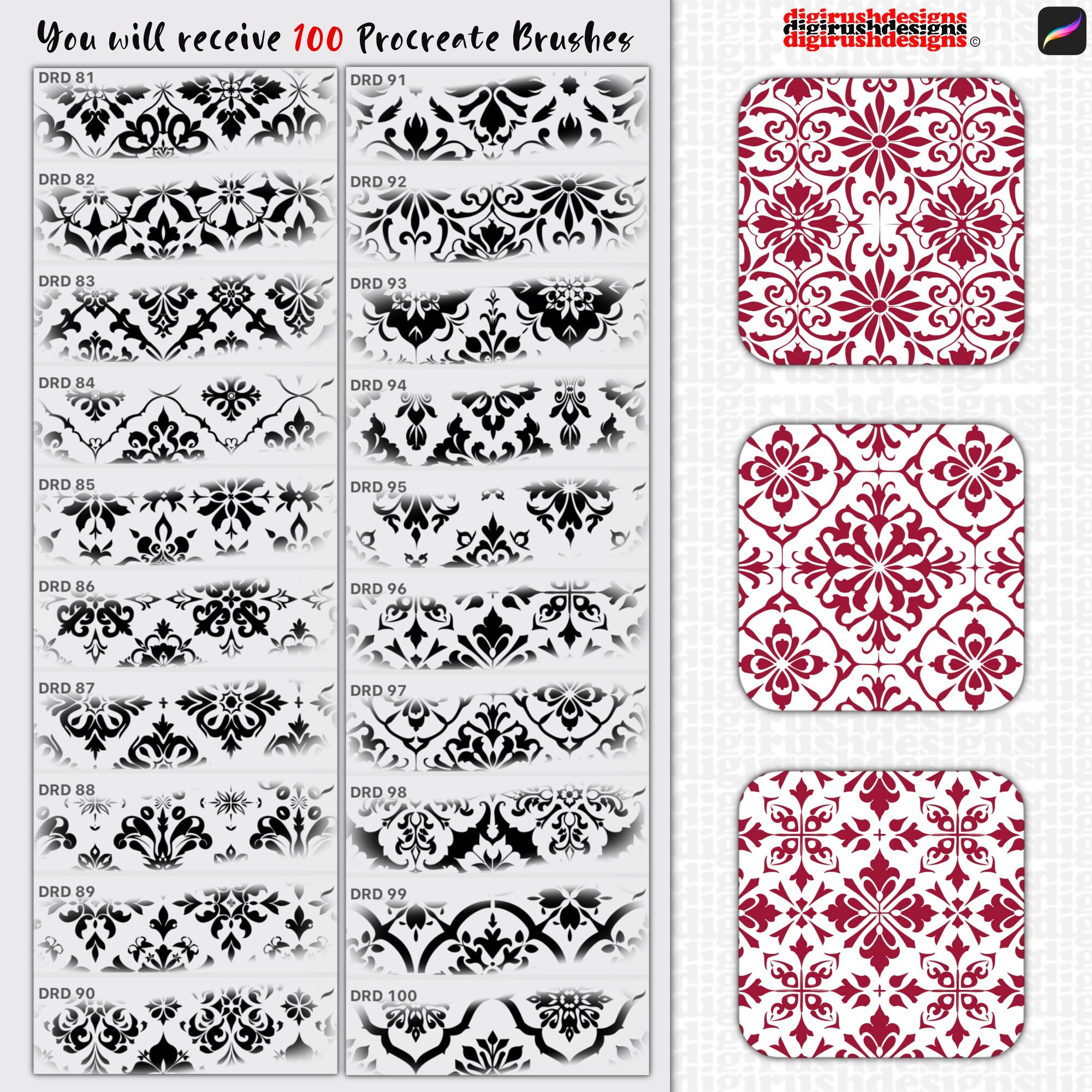 Medieval Floral Pattern Procreate Brushes, Seamless Vintage Flower ...