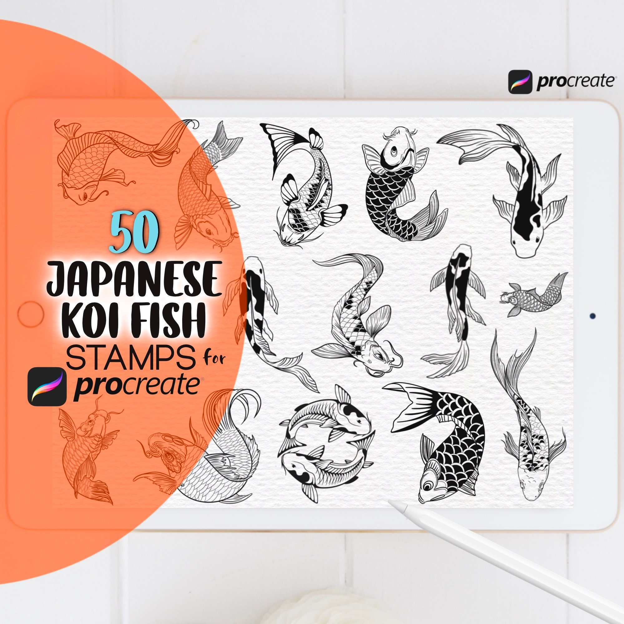 Koi Fish Procreate Stamps, Japanese Carp Fish Tattoo Stamps, Line Art ...