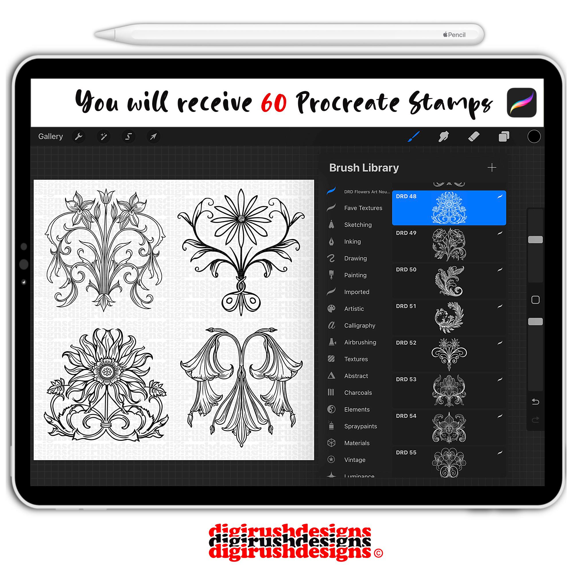 Art Nouveau Flowers Procreate Stamps - Elegant Floral Silhouette Retro ...