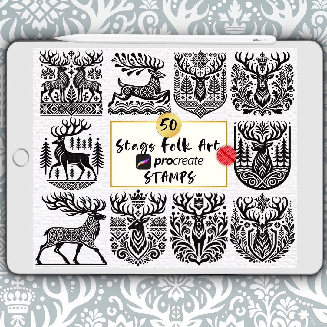 Stag Folk Art Procreate Stamps Scandinavian Stags Brushes Nordic Animal ...
