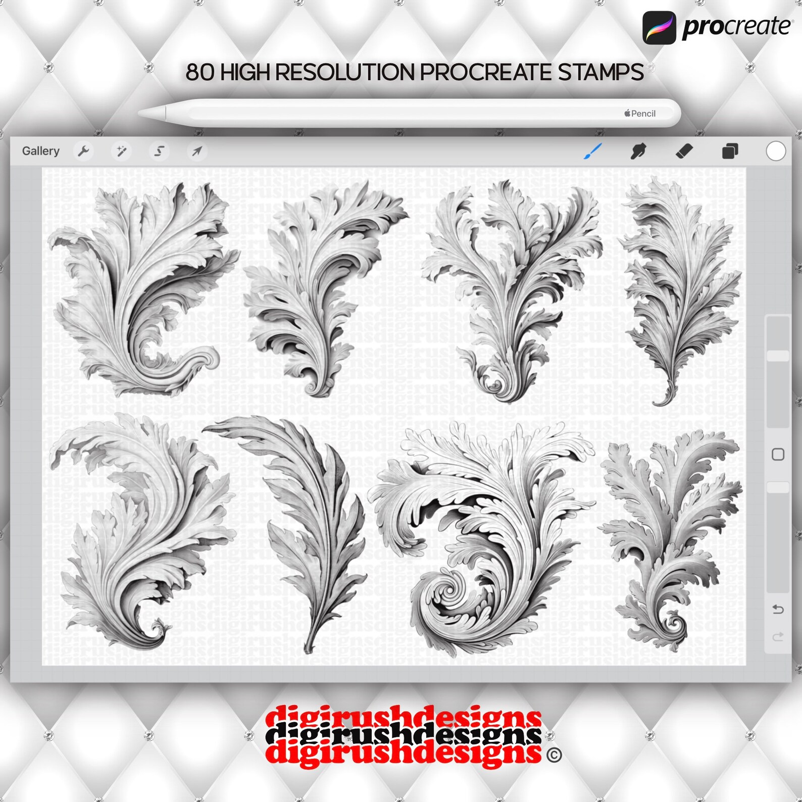 Acanthus Leaf Procreate Stamps Floral Decorative Digital Brushes Ornate Baroque Classical Line ...