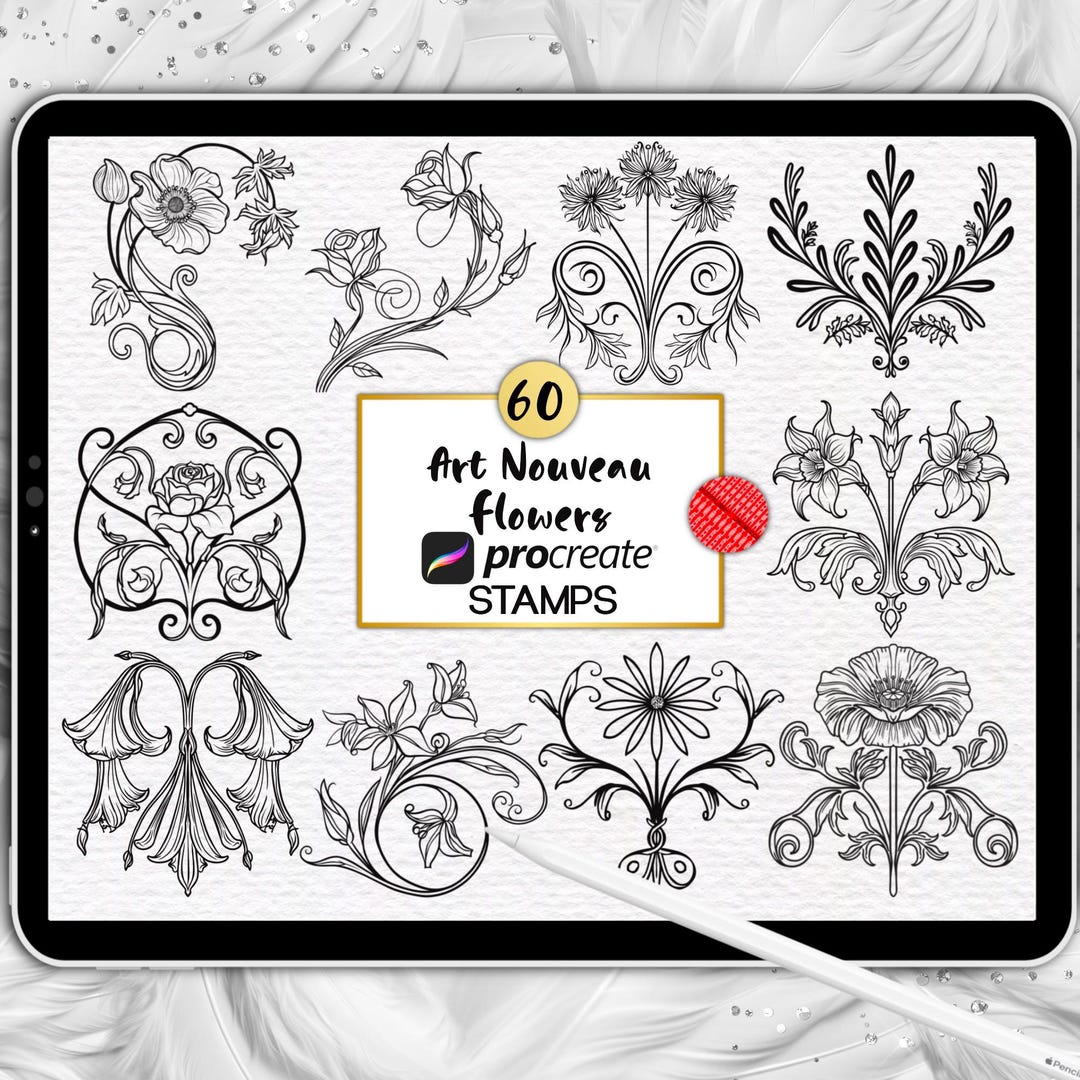 Art Nouveau Flowers Procreate Stamps - Elegant Floral Silhouette Retro ...