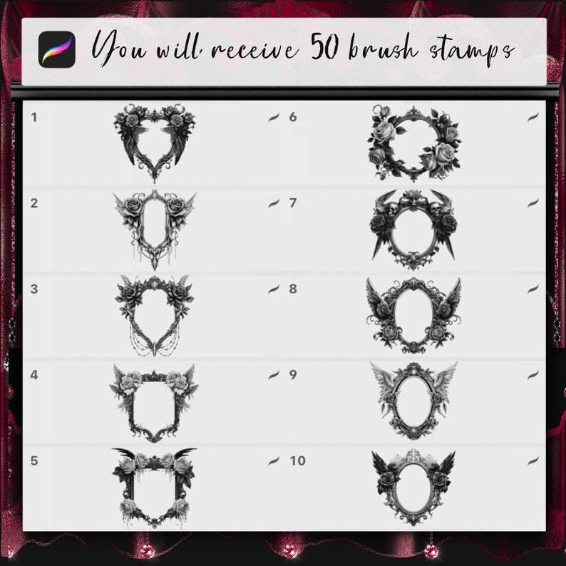 Procreate Gothic Baroque Frames Stamps, Gothic Skulls Brushes, Ornamental, Damask, Roses, Ornate ...