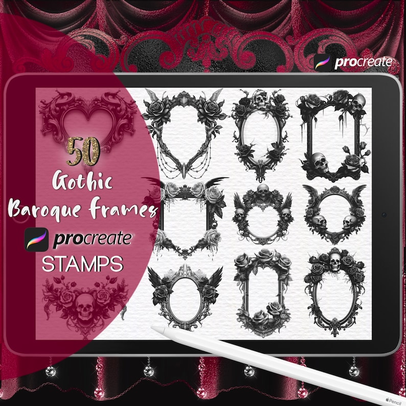 Procreate Gothic Baroque Frames Stamps, Gothic Skulls Brushes, Ornamental, Damask, Roses, Ornate ...