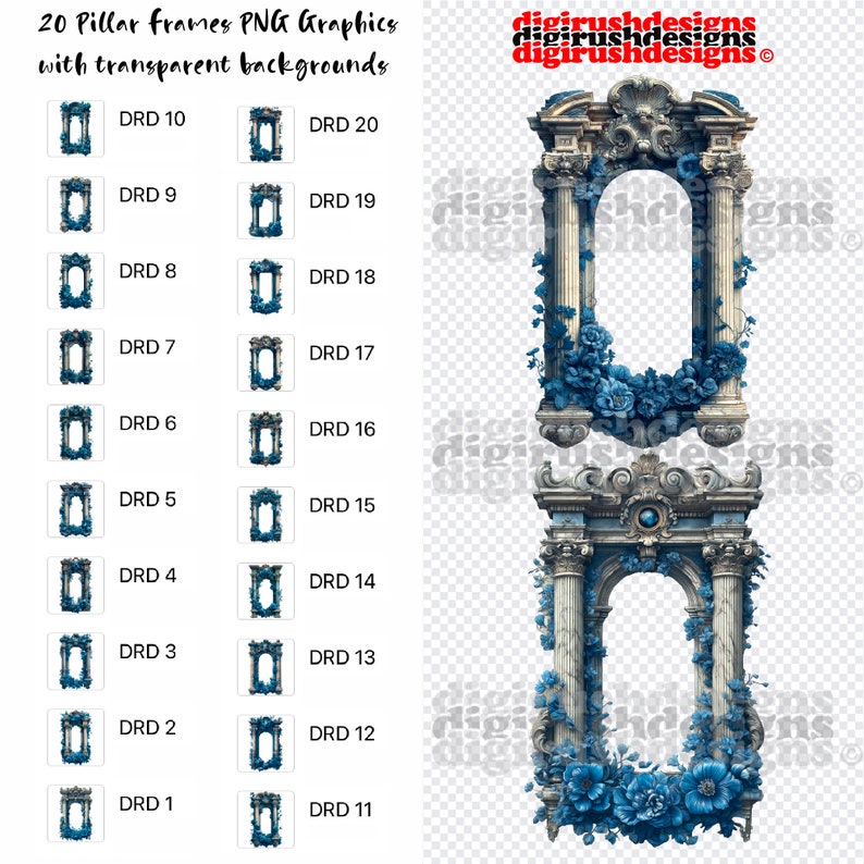 20 Blue Floral Pillar Frames Clipart: Baroque Wedding Invitation ...