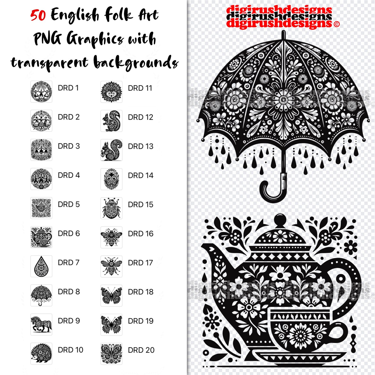 50 English Folk Art Clipart: British Folklore Flowers & Animals (PNG ...