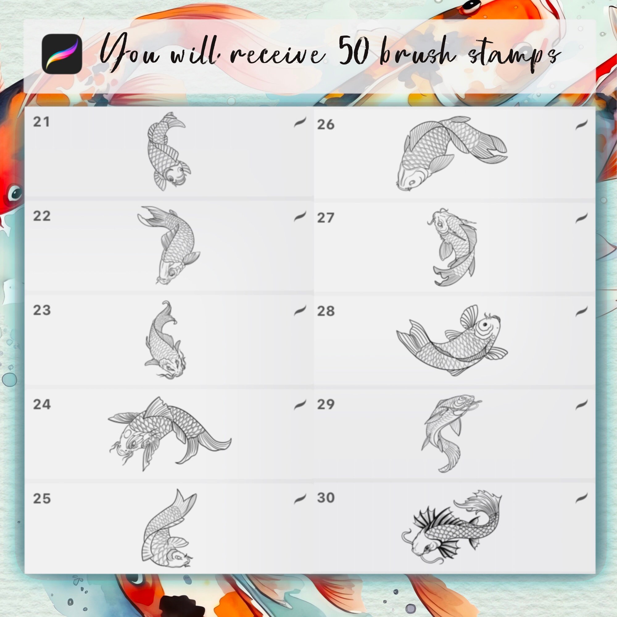 Koi Fish Procreate Stamps, Japanese Carp Fish Tattoo Stamps, Line Art ...