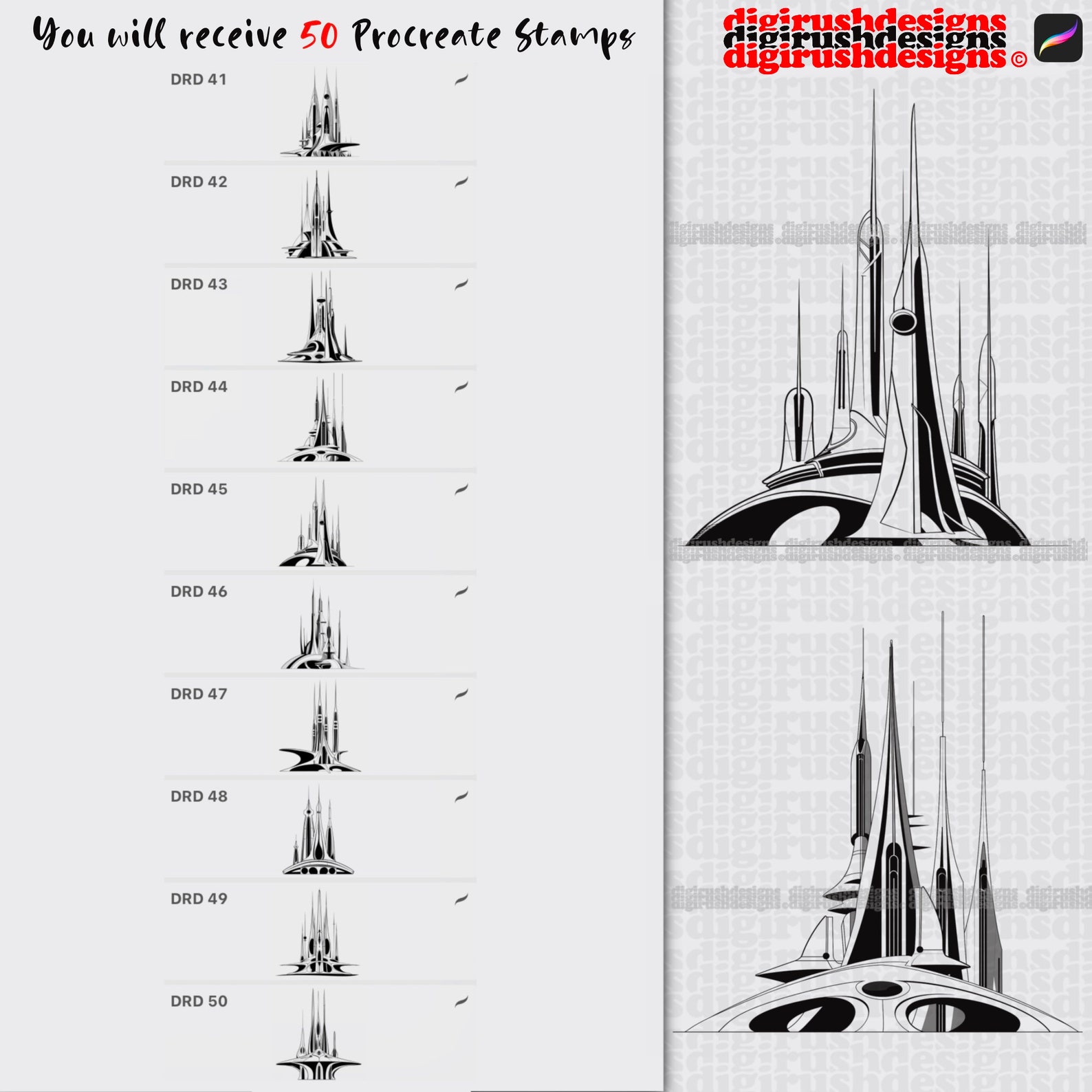 50 Sci-fi Architecture Procreate Stamps: Futuristic Cyberpunk Cityscape ...