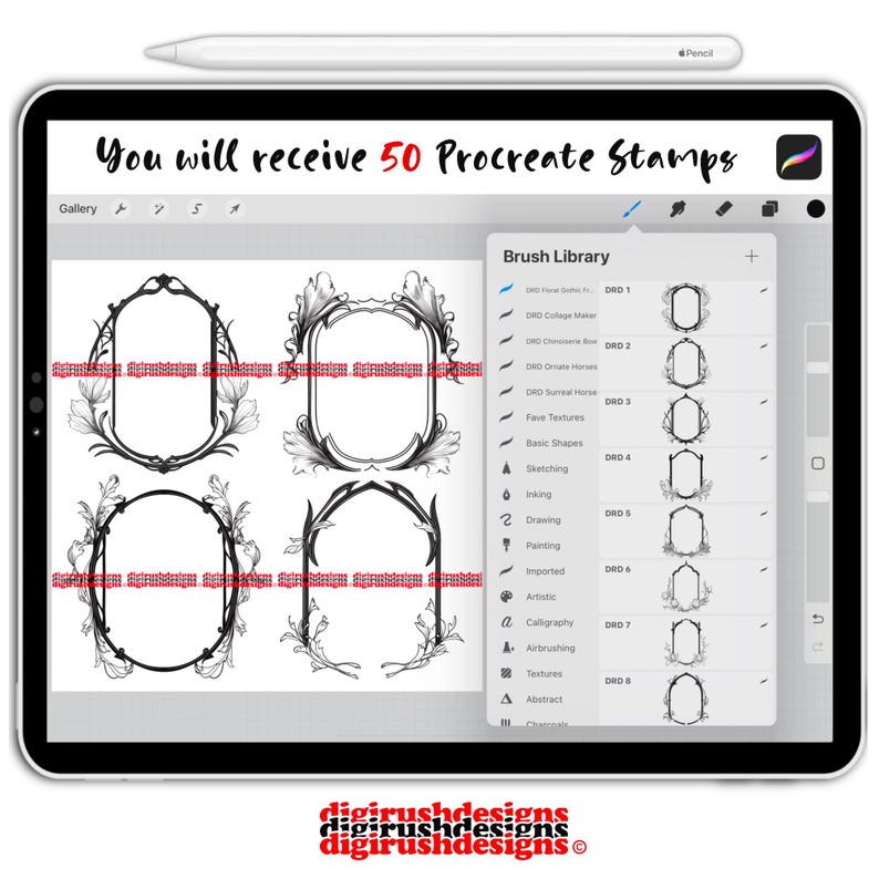 Procreate Gothic Floral Border Frame Stamps Gothic Brushes for Procreate, Medieval Procreate ...
