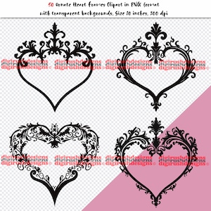Ornate Gothic Heart Frames Clipart PNG Digital Download, Vintage ...