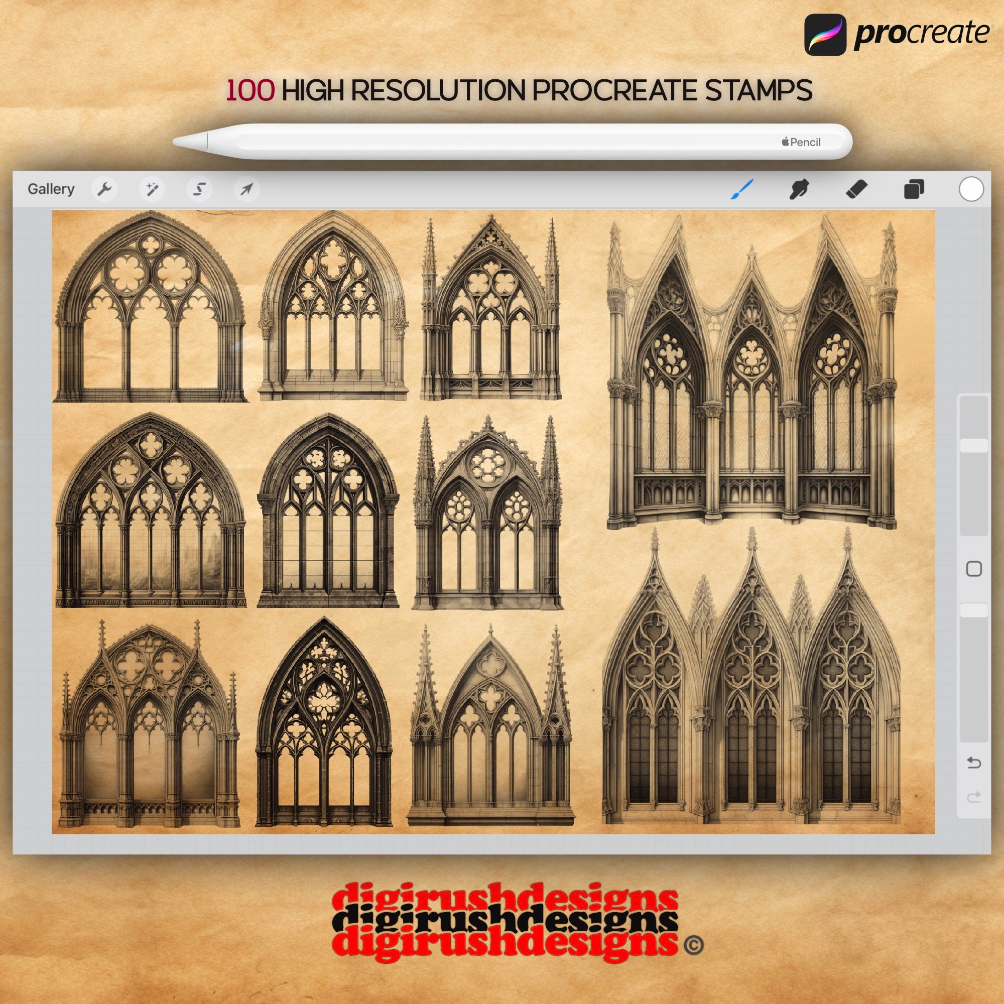 Procreate Gothic Windows Stamps Church Windows Brushes Cathedral Arched ...
