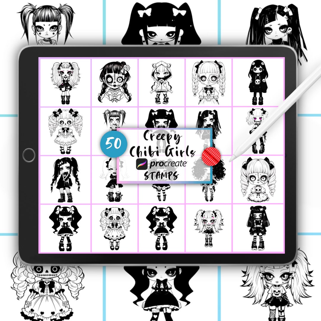 Procreate Chibi Girls Stamps - Creepy Kawaii Digital Brushes - Pastel ...