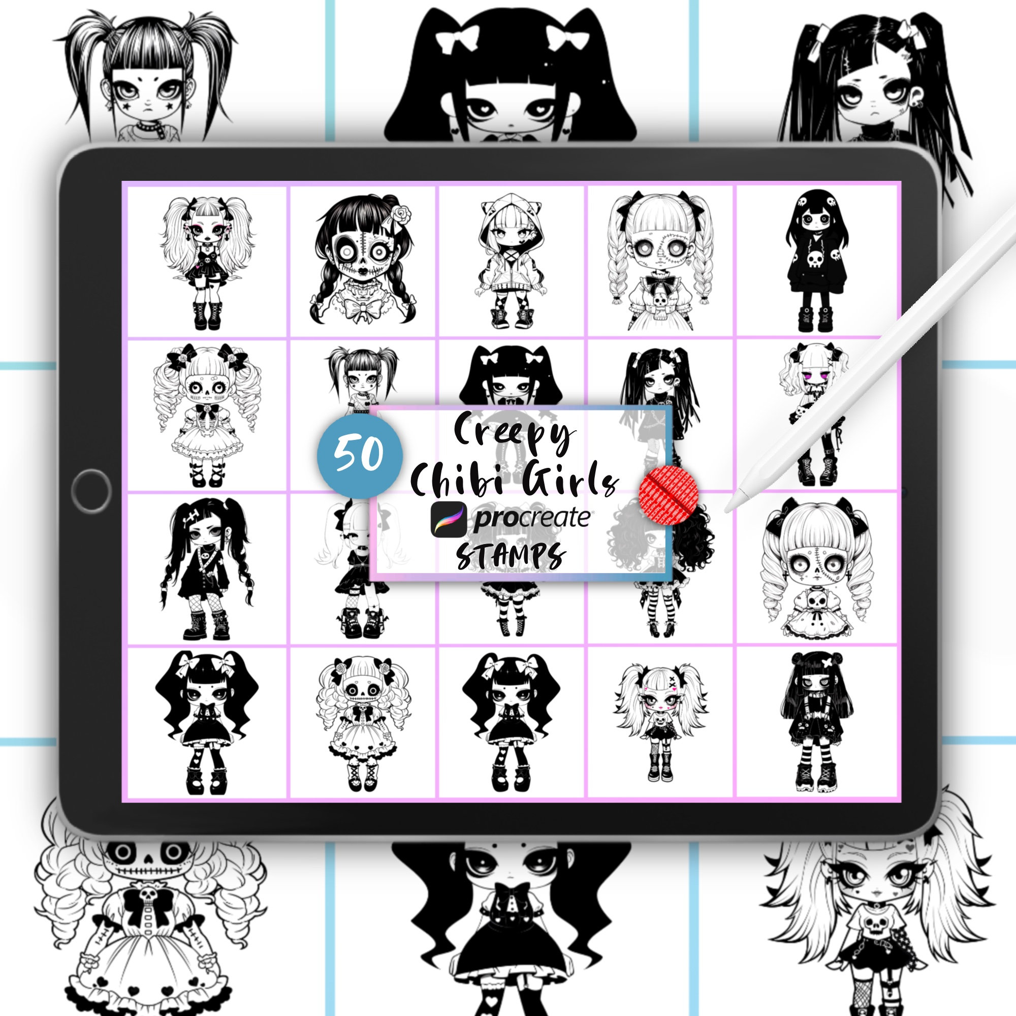 Procreate Chibi Girls Stamps - Creepy Kawaii Digital Brushes - Pastel ...