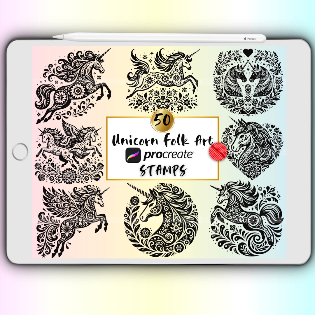 50 Unicorn Folk Art Procreate Stamps: Mythical Creatures (digital ...