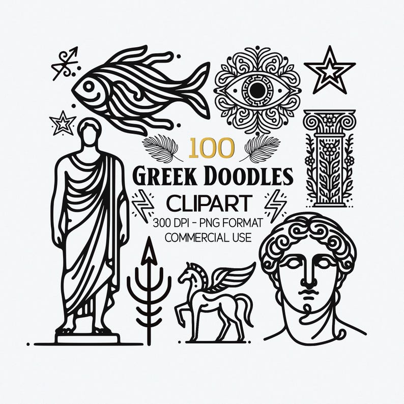 100 Greek Doodles Clipart Bundle: Ancient Symbol Line Art PNG Overlays ...