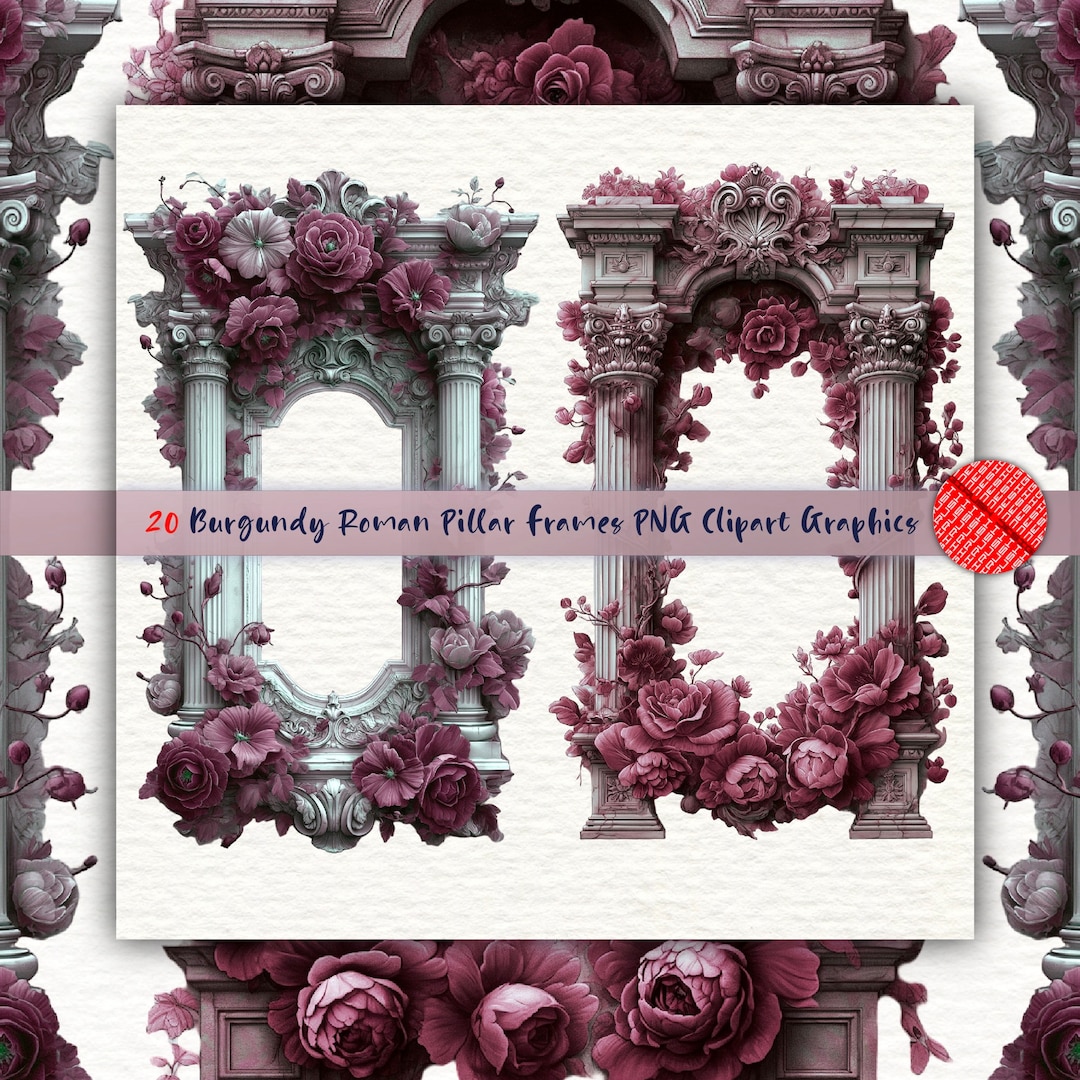 20 Burgundy Floral Pillar Frames Clipart: Baroque Wedding Invitation ...