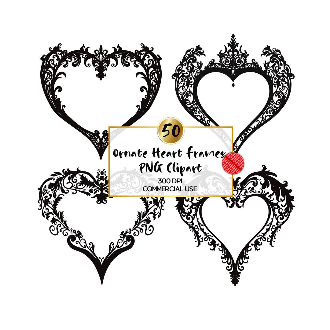 Ornate Gothic Heart Frames Clipart PNG Digital Download, Vintage ...