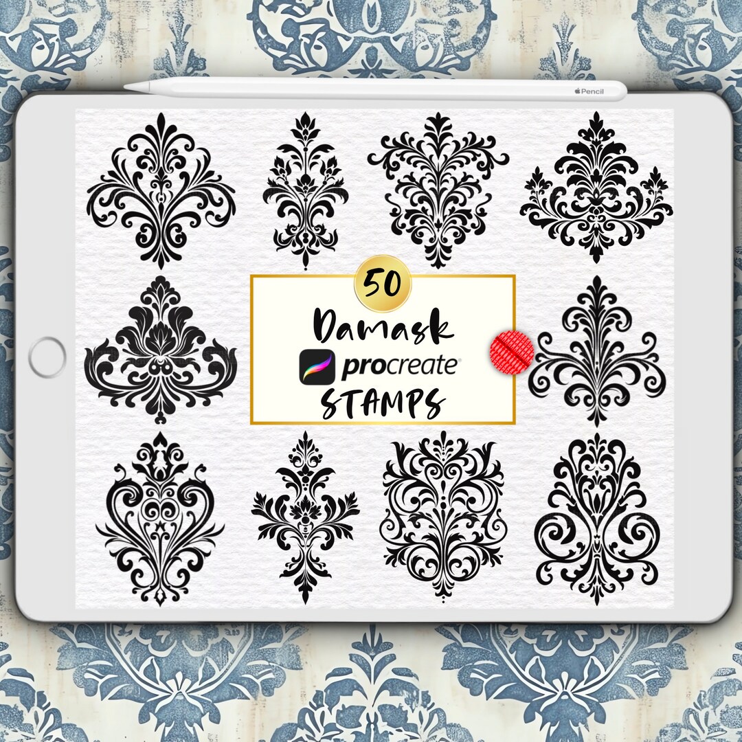 50 Damask Procreate Stamps: Medieval Floral Decorative Elements ...