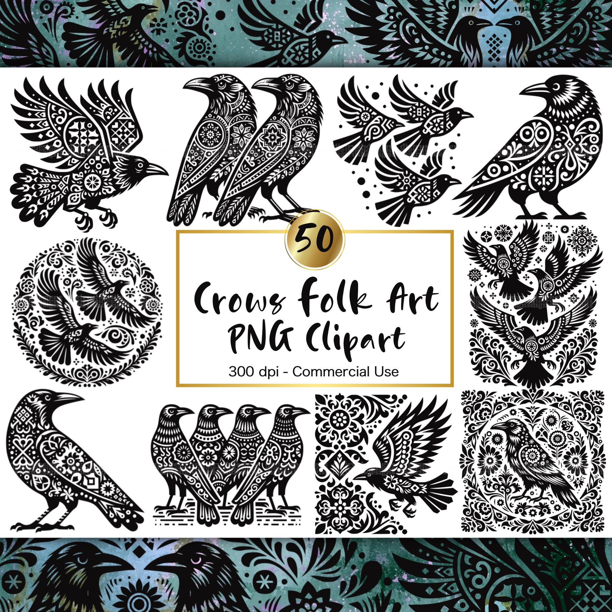 50 Crow Clipart: Nordic Folk Art Ravens (PNG Digital Download) - Etsy