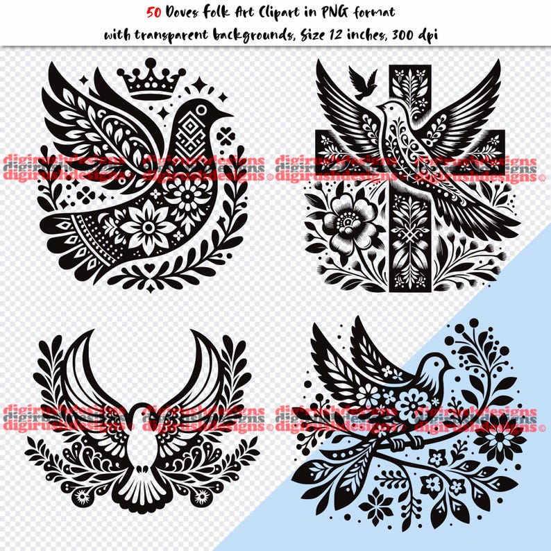 50 Dove Folk Art Clipart: Scandinavian Bird of Peace (PNG Digital ...