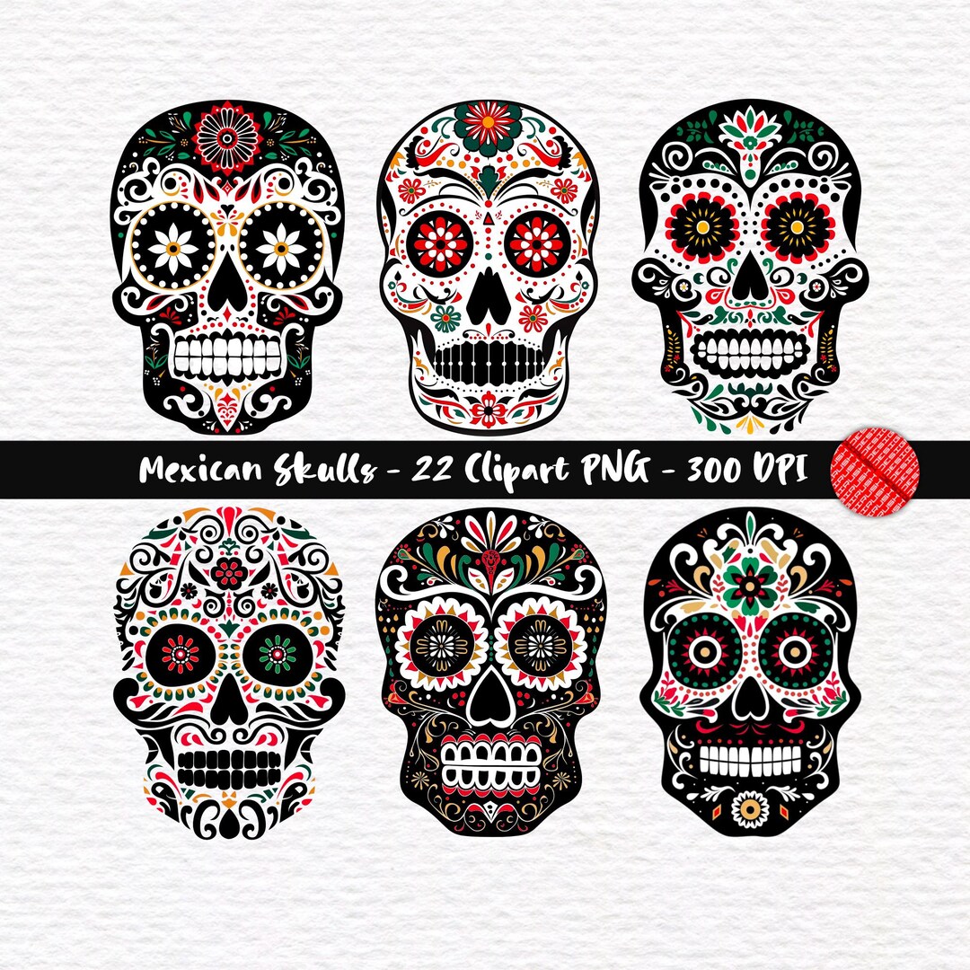 22 Mexican Sugar Skull Clipart, Spooky Ornate PNG Graphics (digital ...