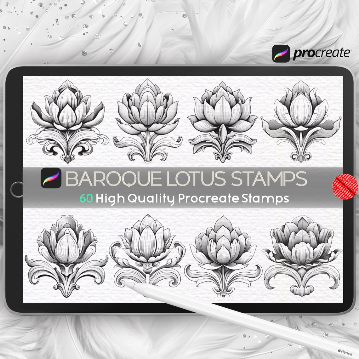 Procreate Baroque Flower Stamps, Lotus Flower Brush, Renaissance, Rococo, Heraldry, Vintage ...