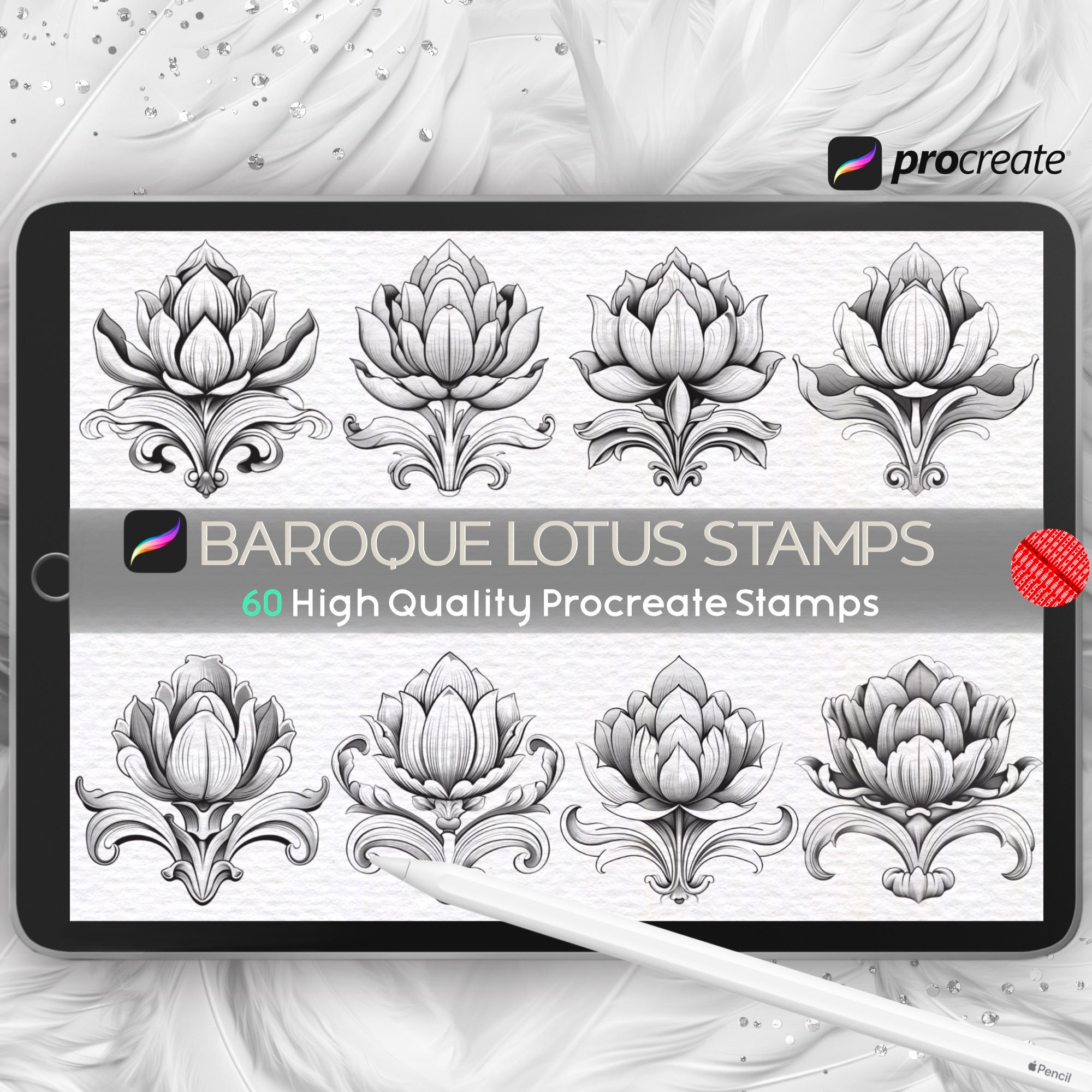 Procreate Baroque Flower Stamps, Lotus Flower Brush, Renaissance ...