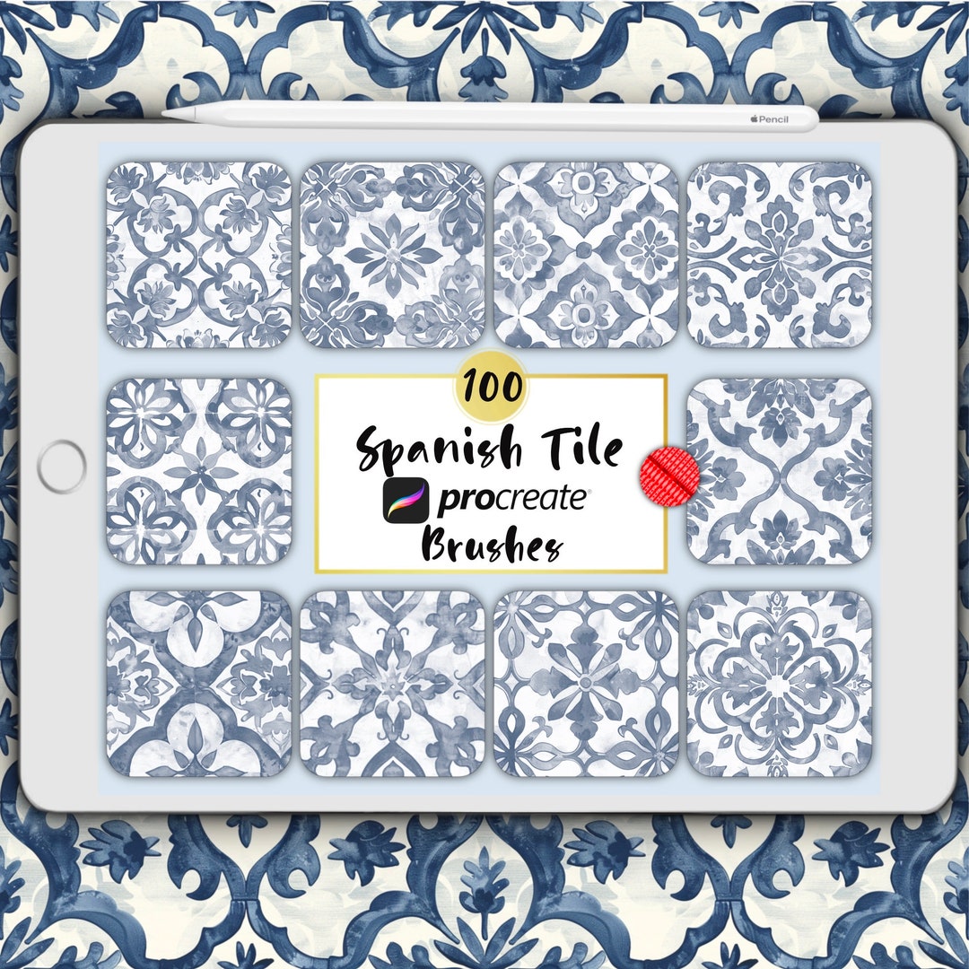 Spanish Tile Pattern Procreate Brushes, Seamless Watercolour Geometric Flowers Procreate Bundle ...