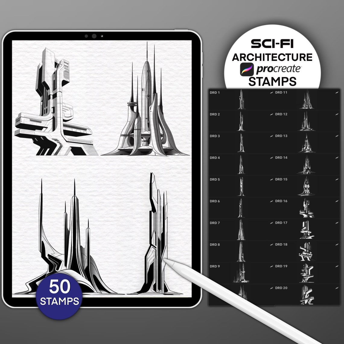 50 Sci-fi Architecture Procreate Stamps: Futuristic Cyberpunk Cityscape ...