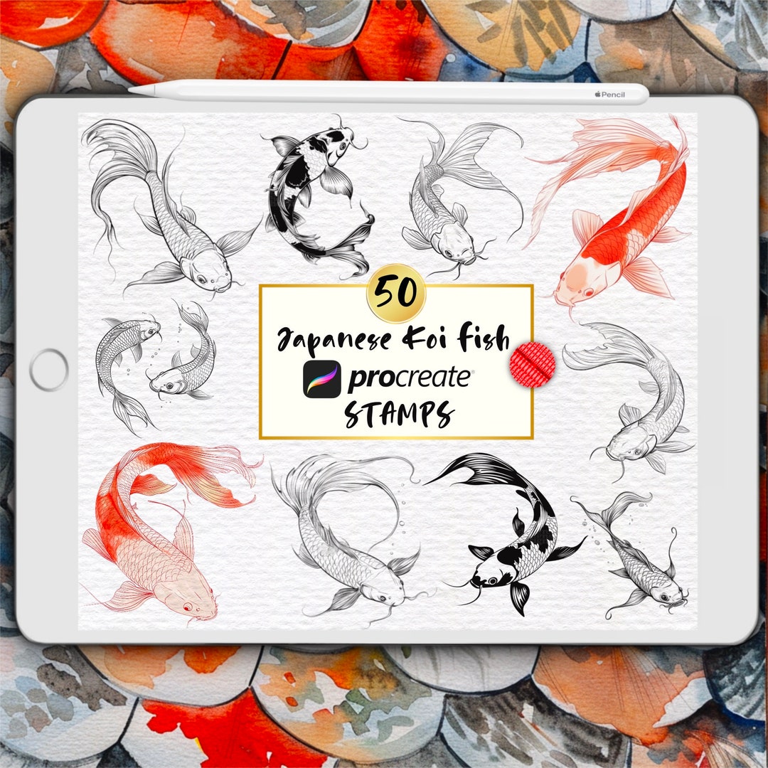 50 Koi Fish Procreate Stamps: Japanese Carp Line Art (digital Brush Set ...