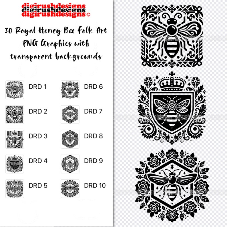 30 Honey Bee Folk Art Clipart: Vintage Royal Bee Silhouettes (PNG ...
