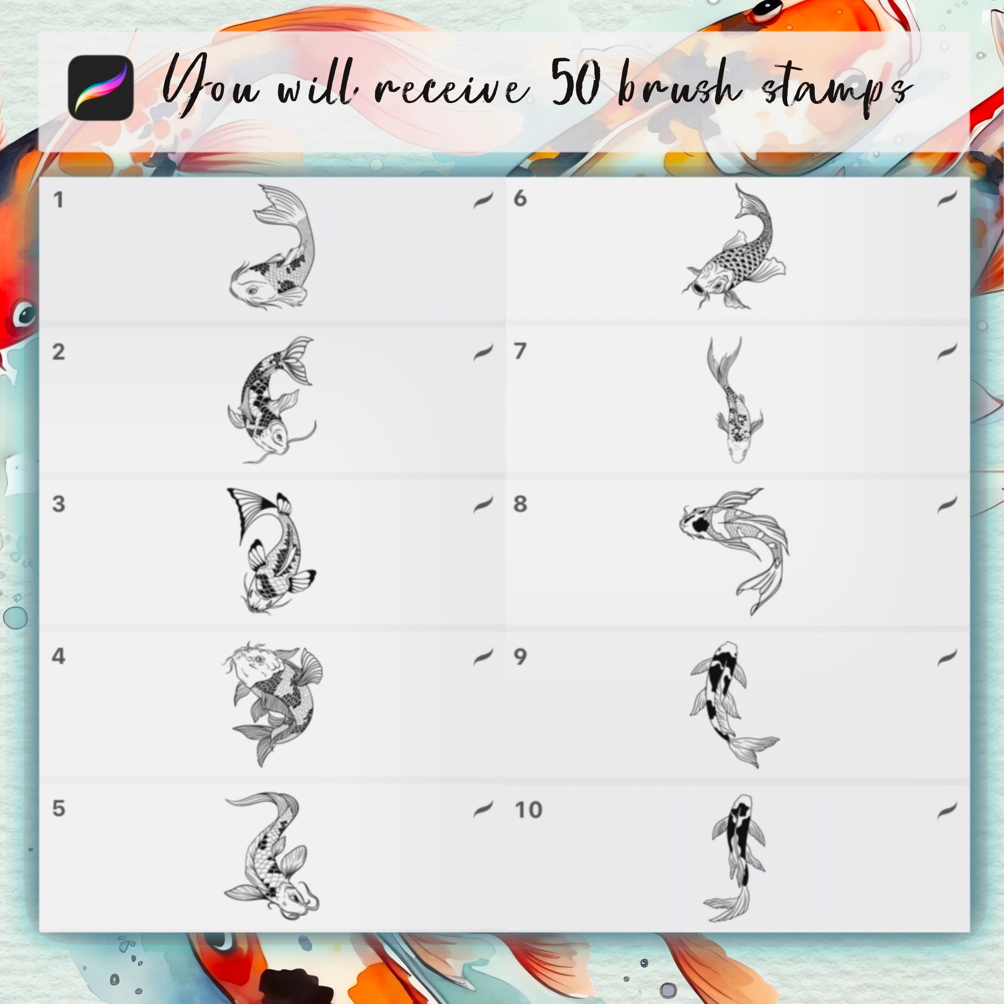 Koi Fish Procreate Stamps, Japanese Carp Fish Tattoo Stamps, Line Art ...