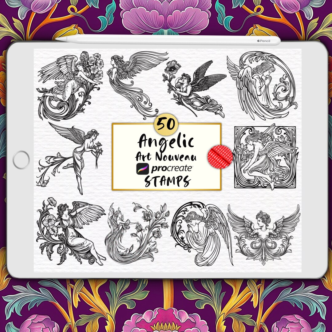 Art Nouveau Angel Procreate Stamps, Vintage Line Art (digital Download ...